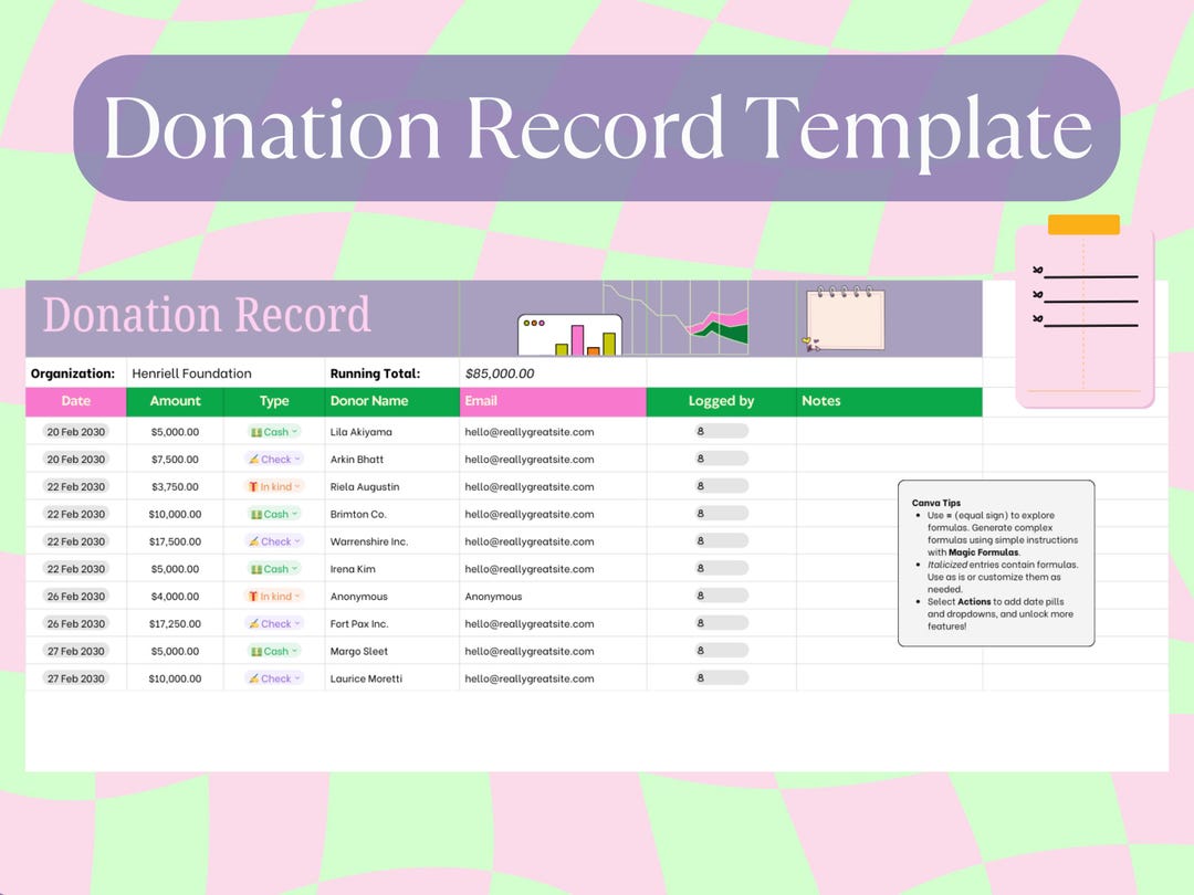 Donation Record Template - Etsy