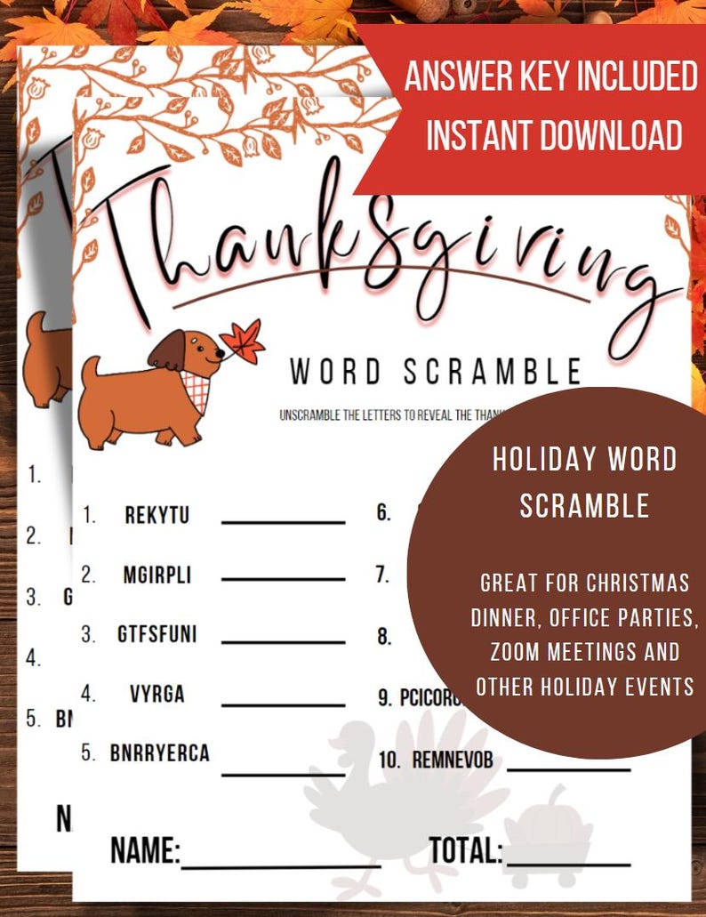 Thanksgiving Word Scramble Game Fun Printable Thanksgiving Activity for ...