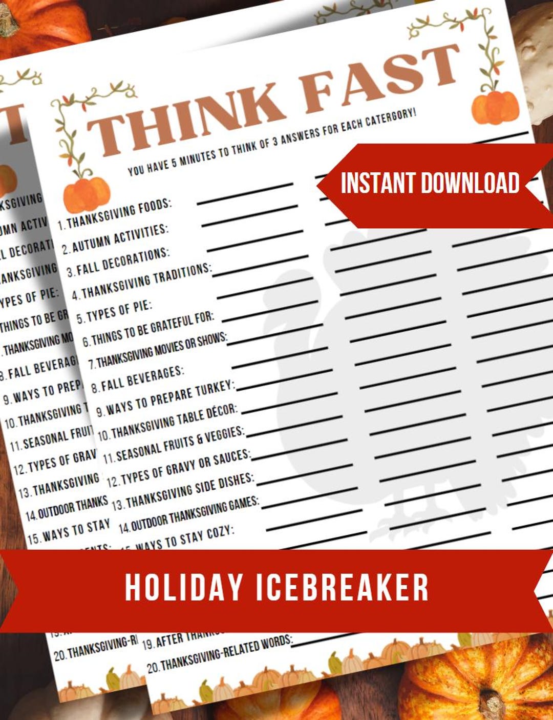 Printable Think Fast Thanksgiving Ice Breaker Game - Great for Family ...