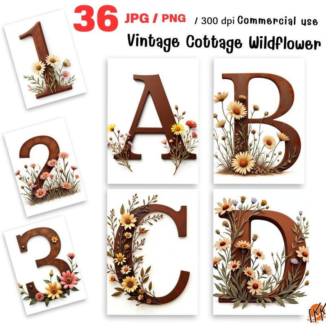 Vintage Cottage Wildflower Alphabet – A-Z, 0-9 Clipart (digital ...