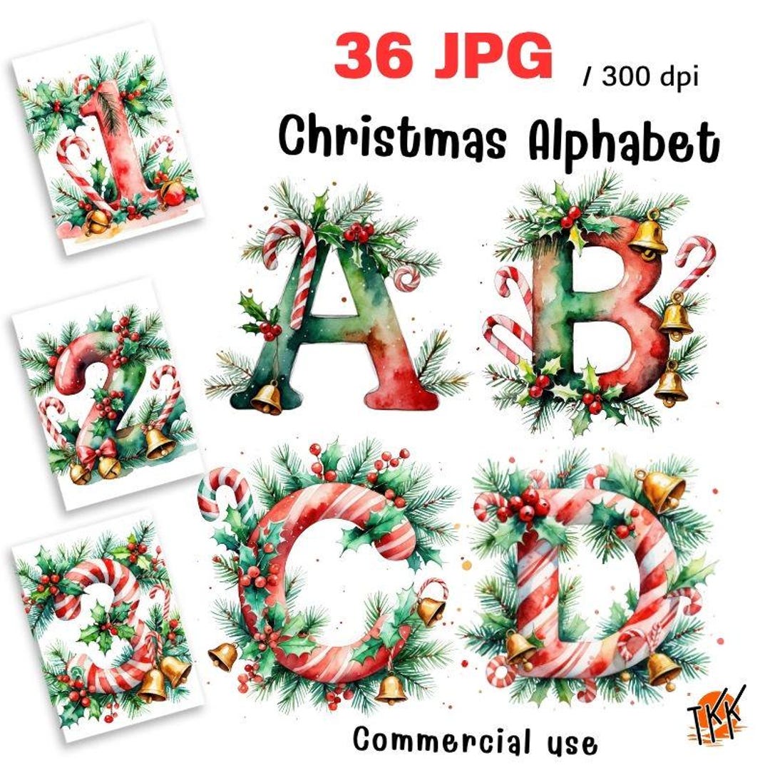 Watercolor Christmas Alphabet Clipart, Festive Number Set (jpgs) - Etsy