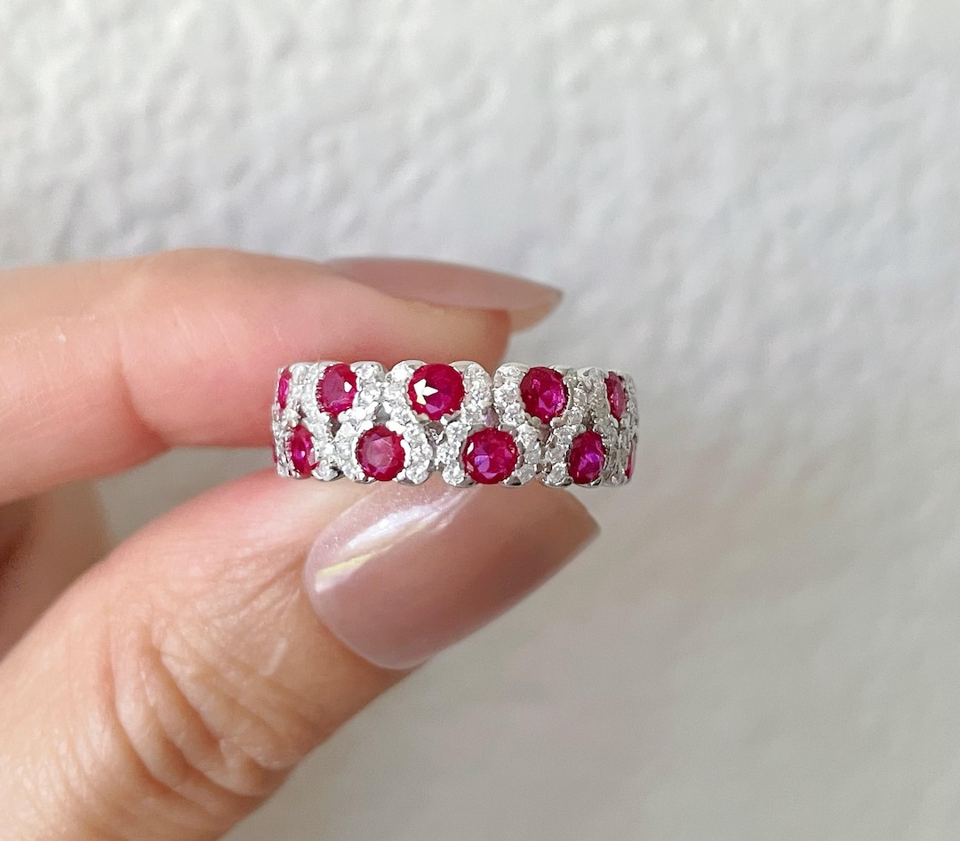 Vintage Ruby Band Ring, Natural Pink Ruby Diamond Ring, Dainty Ruby ...