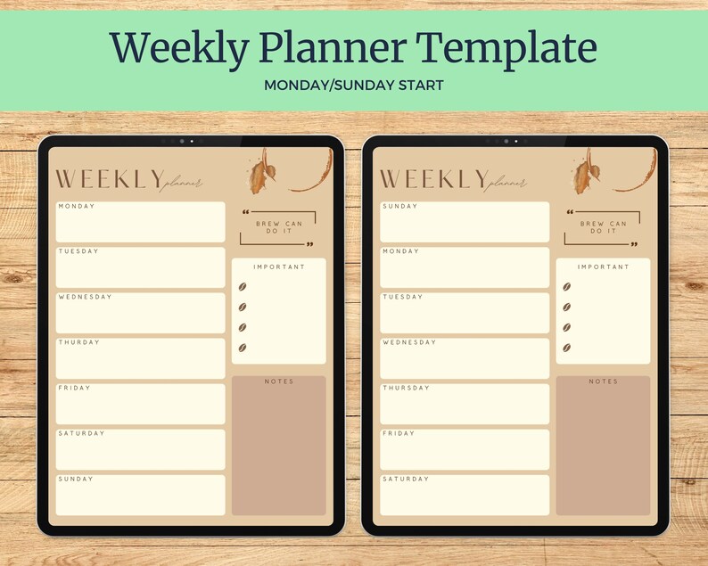 UNDATED Weekly Planner Page, Coffee-themed Weekly Planner Template ...