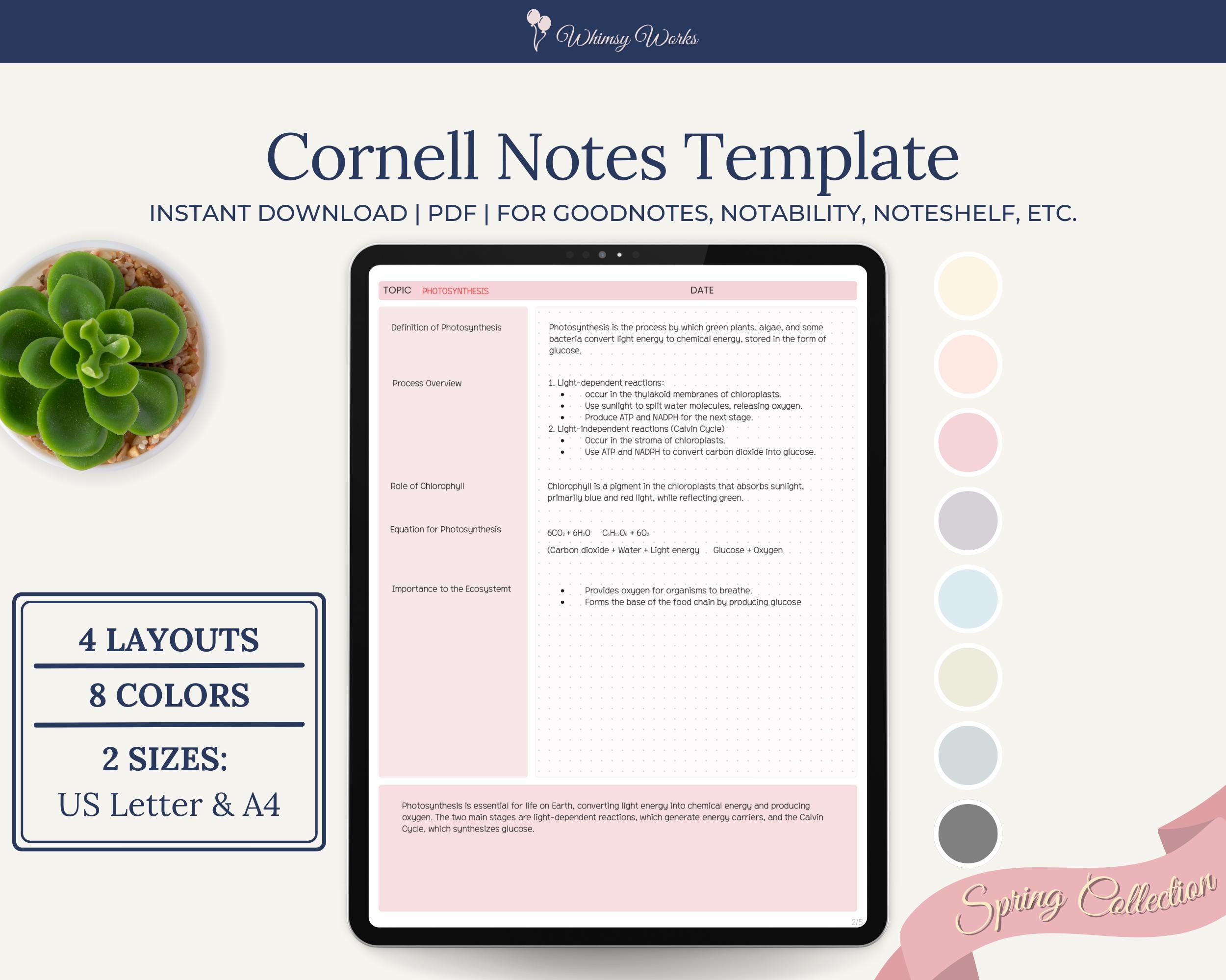 Spring Pastel Cornell Notes Template, Note-taking System, Blank Dotted ...