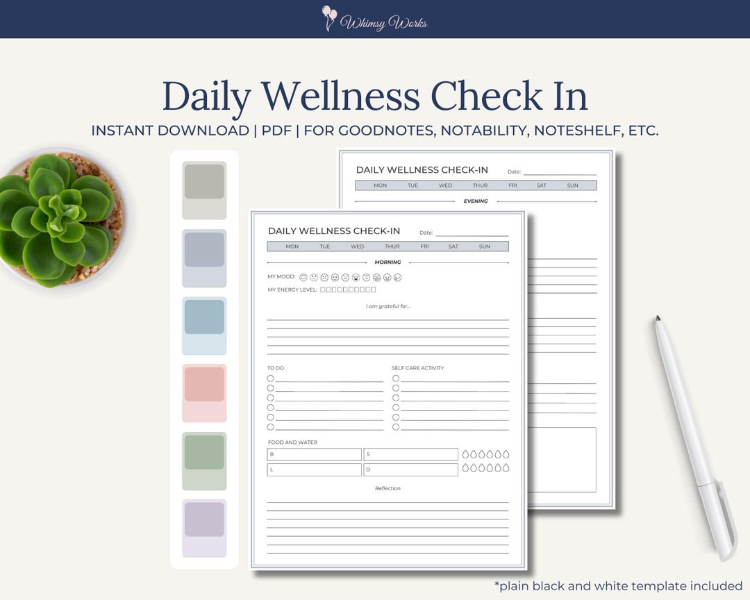 Daily Wellness Check in Template, Daily Self Care Planner, Morning and ...