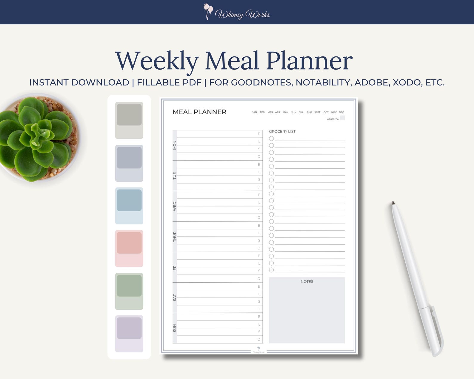 Weekly Meal Planner Template, Printable Weekly Menu Plan PDF, Grocery ...