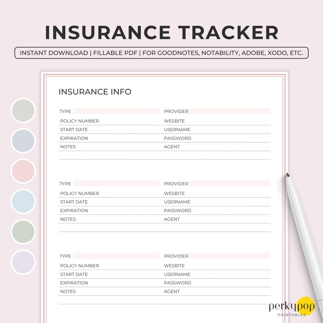 Insurance Tracker Printable, Fillable Insurance Policy Tracker ...