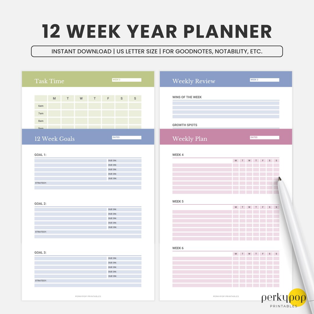 12 Week Year Planner Printable, 12 Week Planner Template, 90 Day Goals ...