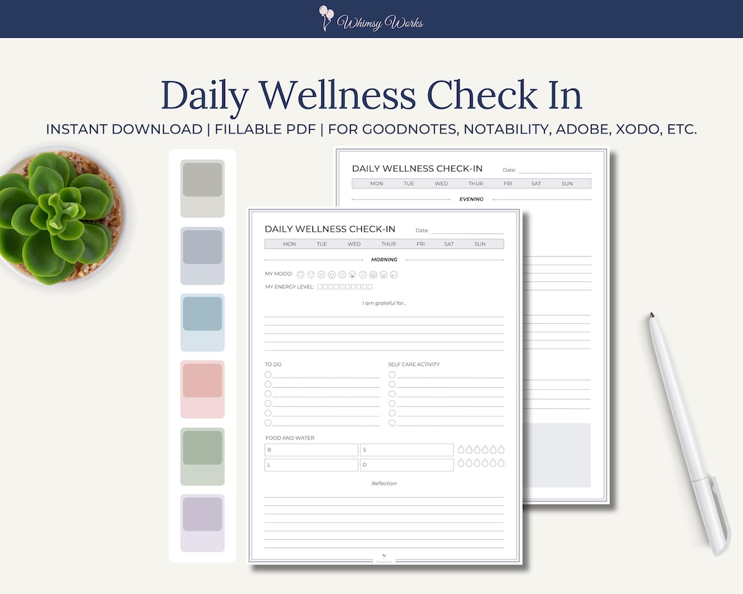 Daily Wellness Check-in Template, Daily Self Care Planner, Morning and ...