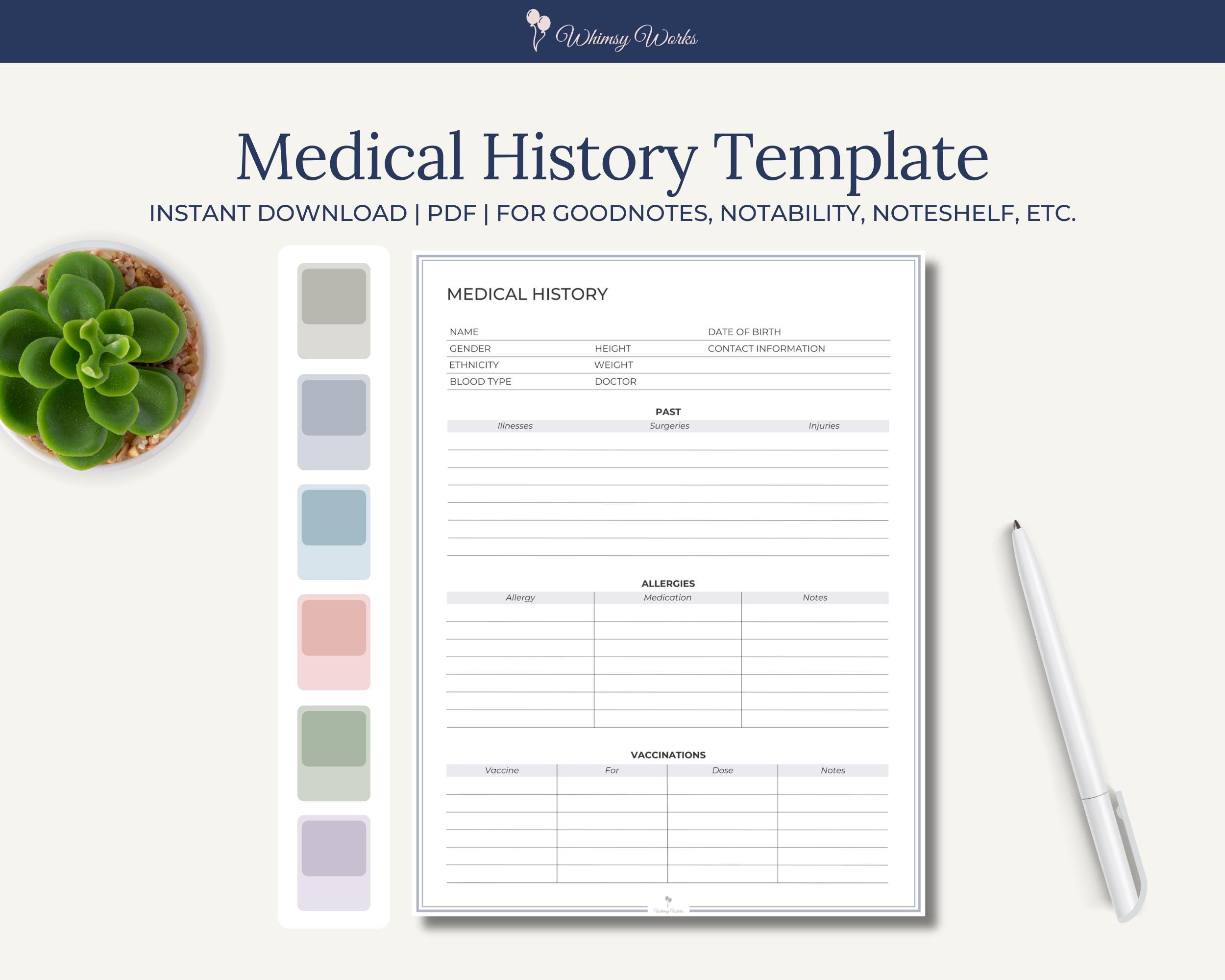 Medical History Template, Printable Health Information Record, Personal ...