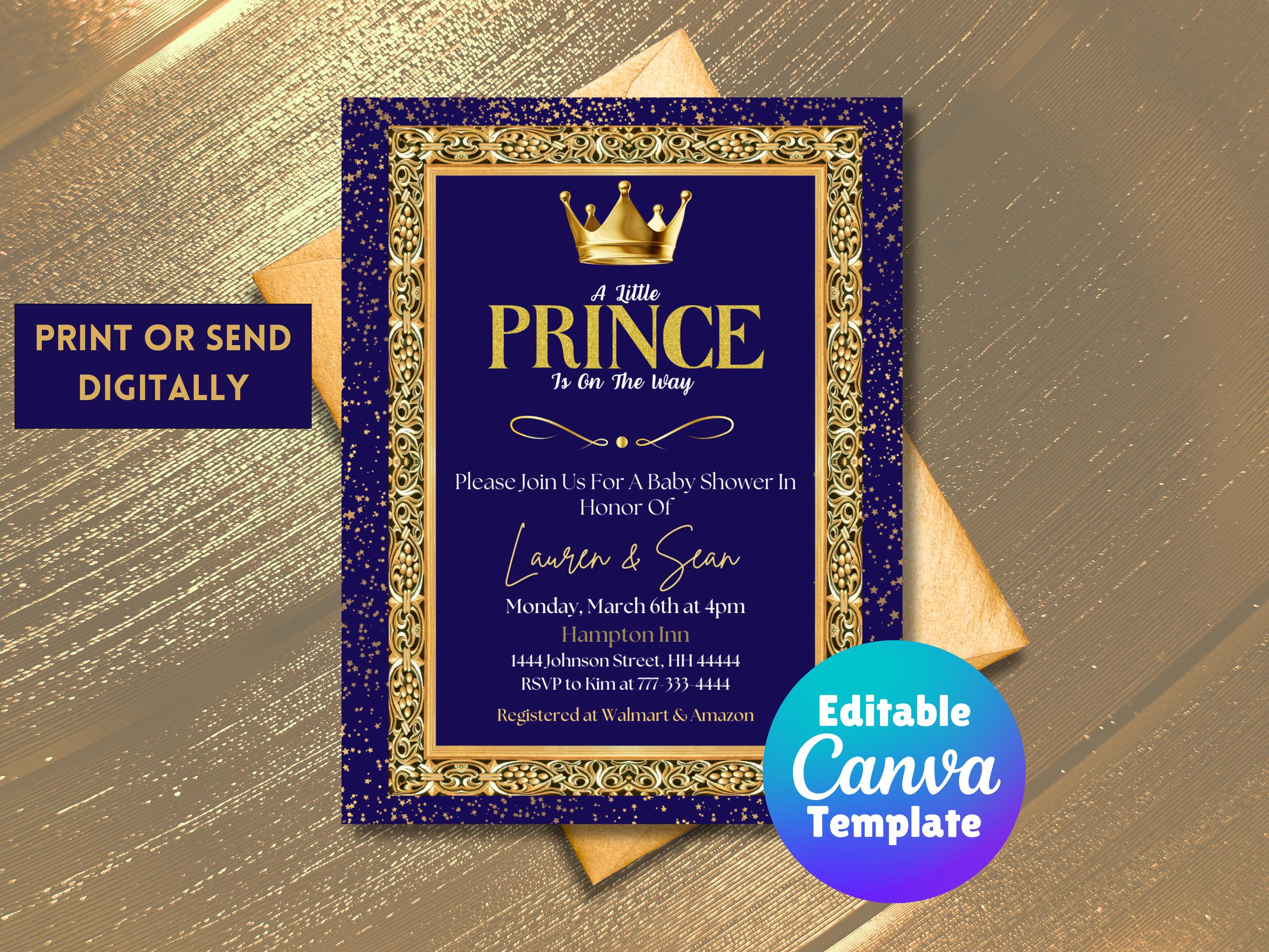 Prince Baby Shower Invitation – Royal Crown, Editable Canva Template - Etsy