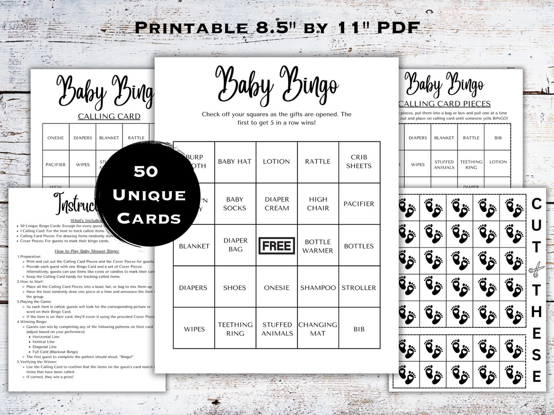 Lot de jeux de bingo à imprimer pour baby shower | 50 cartes de bingo ...