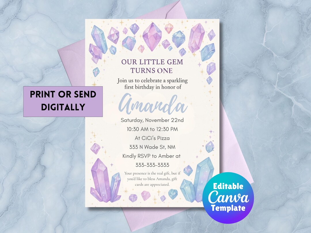 Gem Theme Birthday Party Invitation Template | Editable Canva Birthday ...