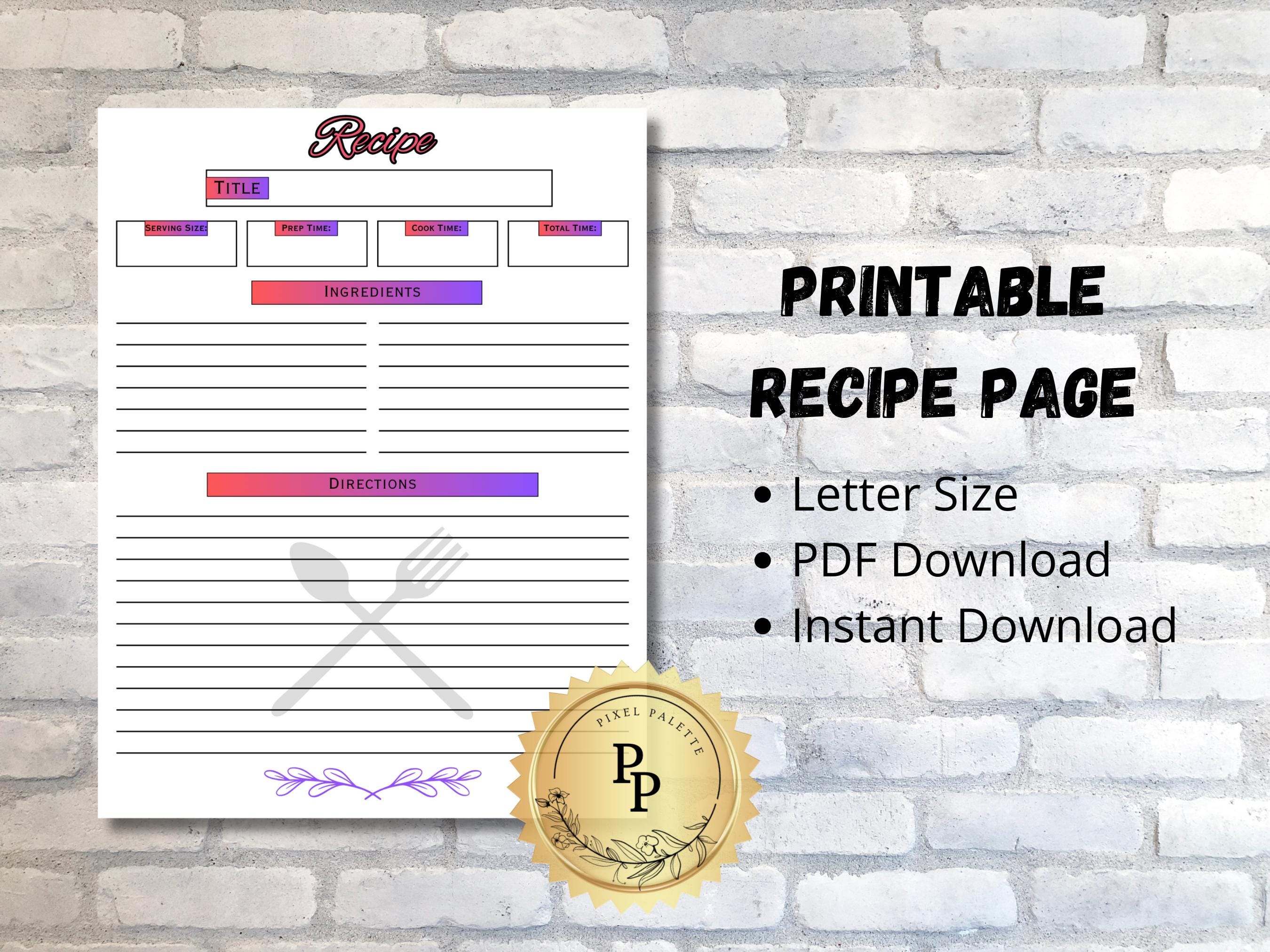 Printable Recipe Template: DIY Cookbook Pages (instant Download) - Etsy