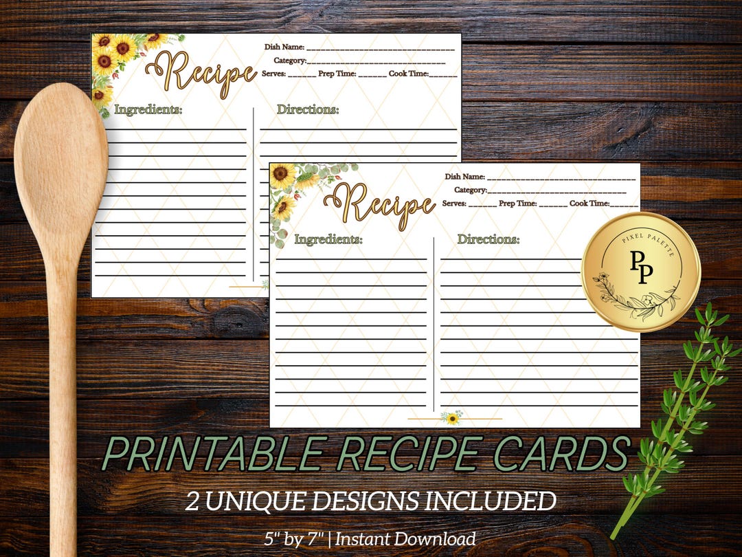 Sunflower Recipe Card Printable: Rustic Kitchen Decor | 5x7 PDF ...