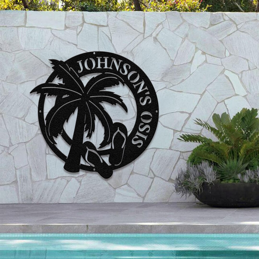 Personalized Beach Oasis Metal Sign, Custom Poolside Palm Tree Decor ...