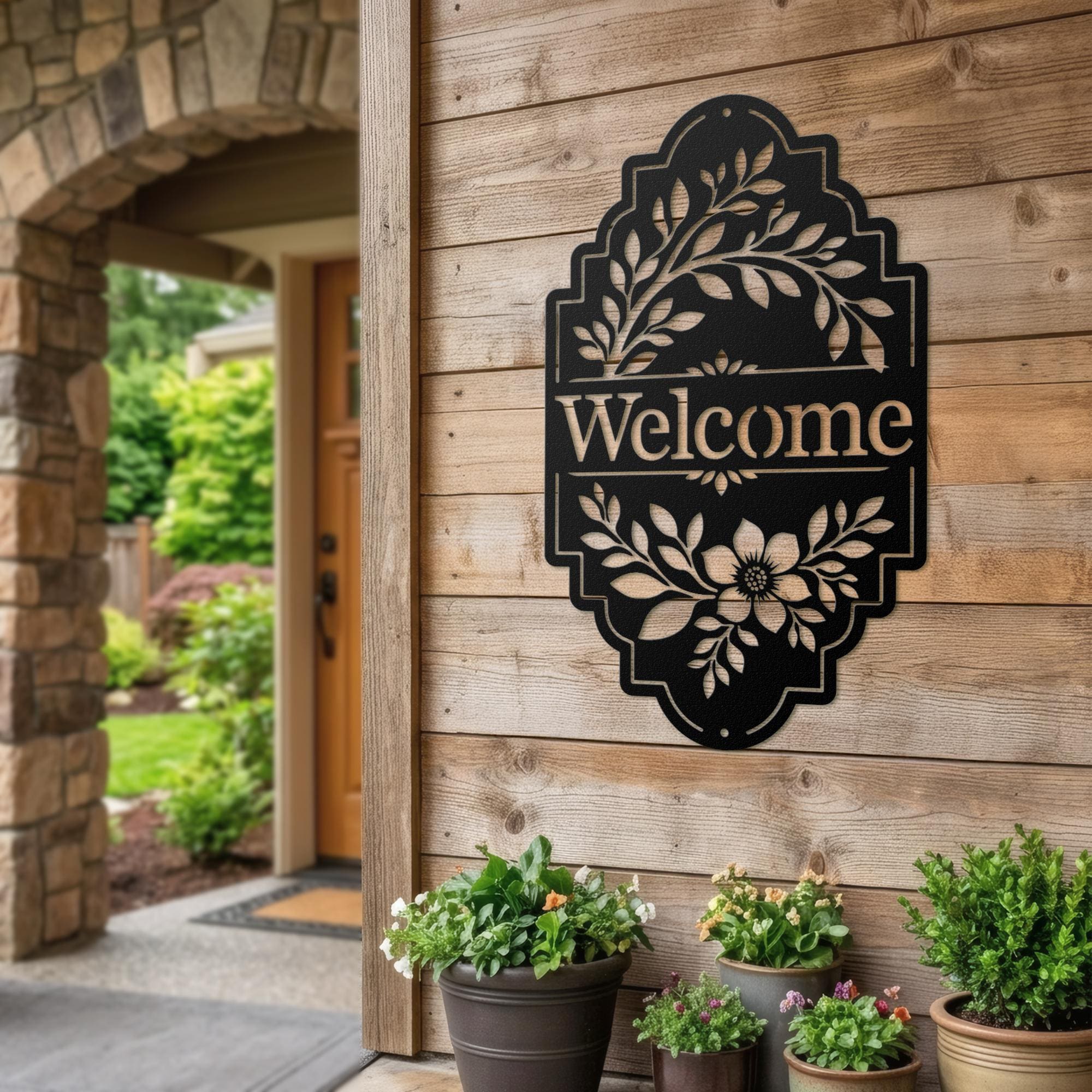 Floral Welcome Metal Sign, Farmhouse Door Hanger Decor, Rustic Entryway ...