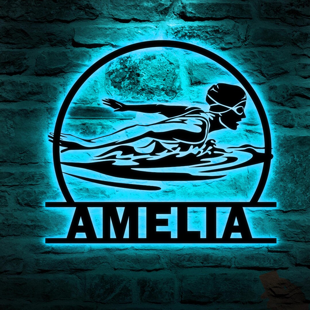 Custom Women Swimmer Metal Wall Art LED Light Personalized Swimming ...
