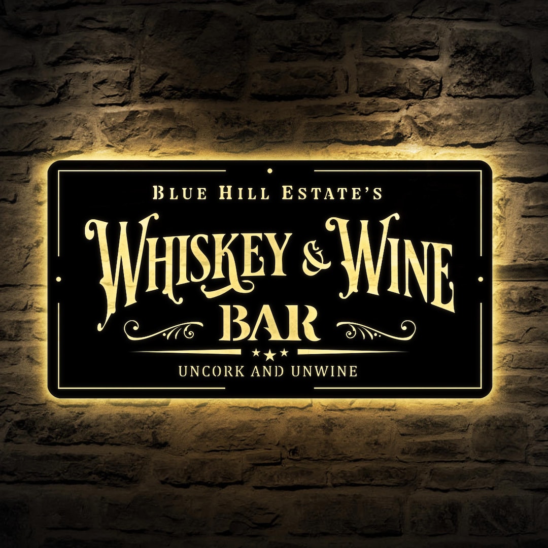 Custom Whiskey & Wine Bar Metal Sign With Led Lights, Wine Bar Pub ...