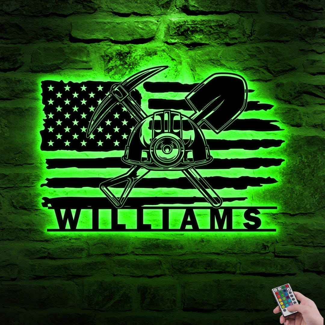 Custom Coal Mining US Flag Metal Wall Art LED Light Personalized Miner ...