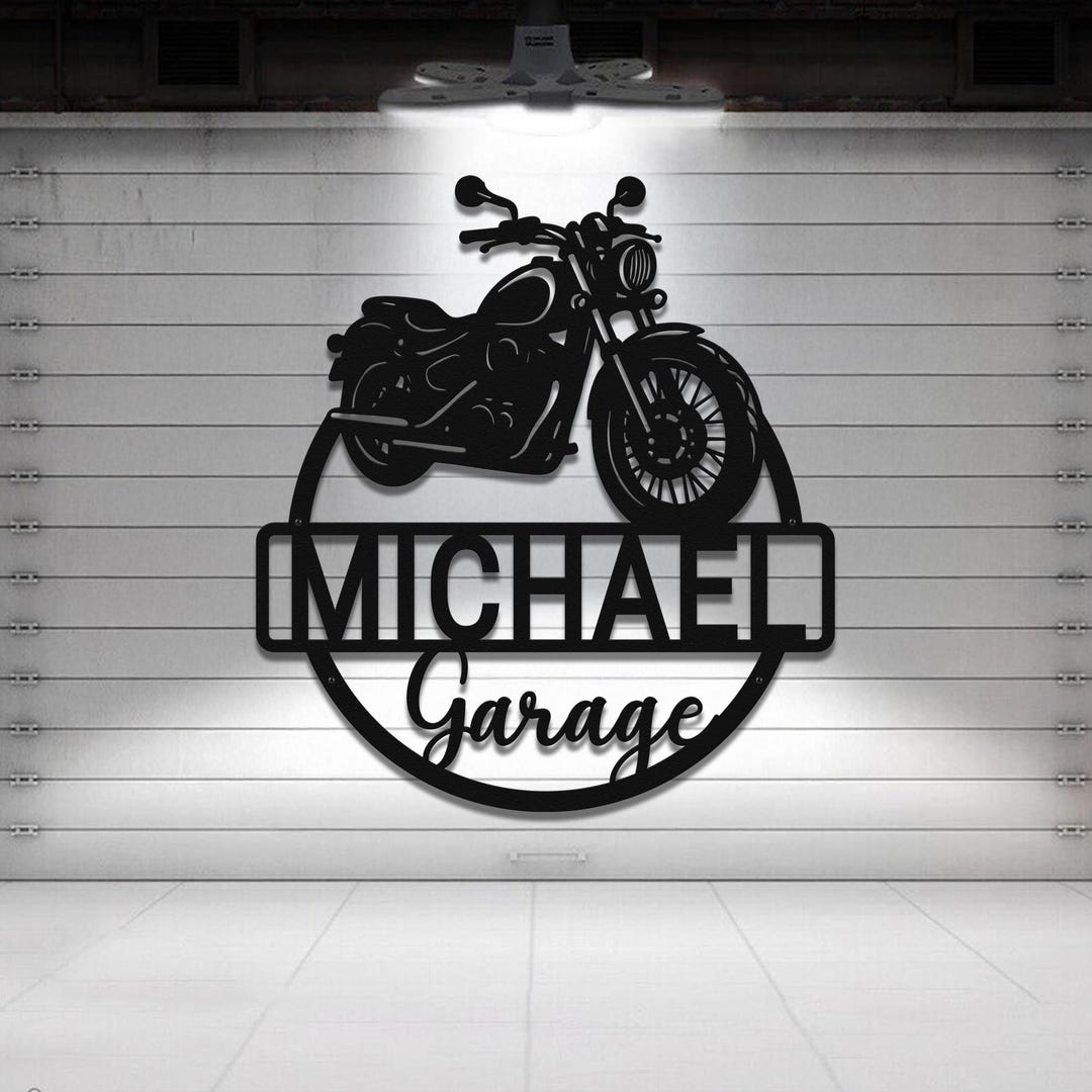 Motorcycle Garage Metal Wall Art – Custom Name Sign With Bike & Chain ...