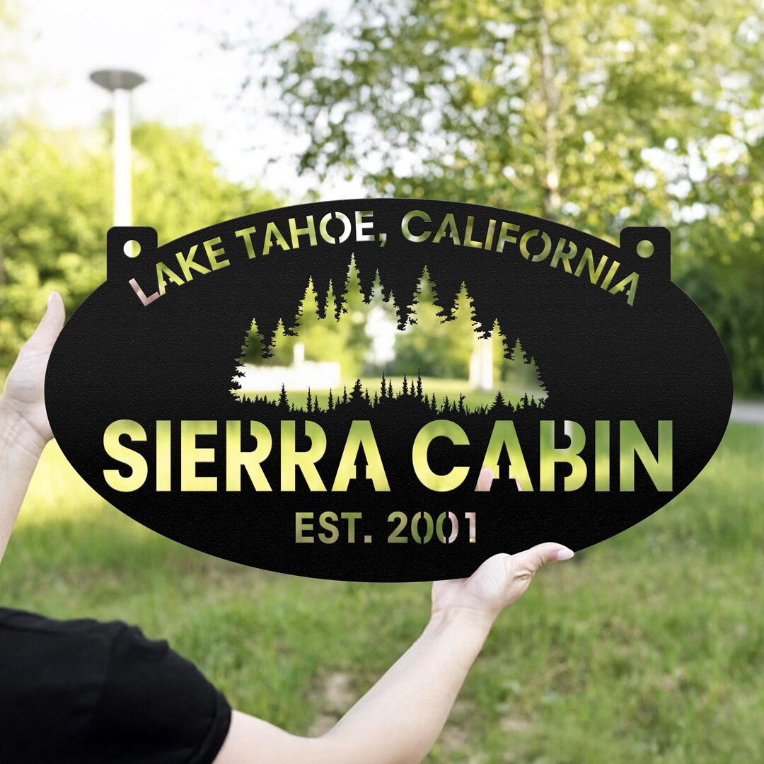 Custom Oval Metal Evergreen Sign, Personalized Metal Cabin Name Sign ...