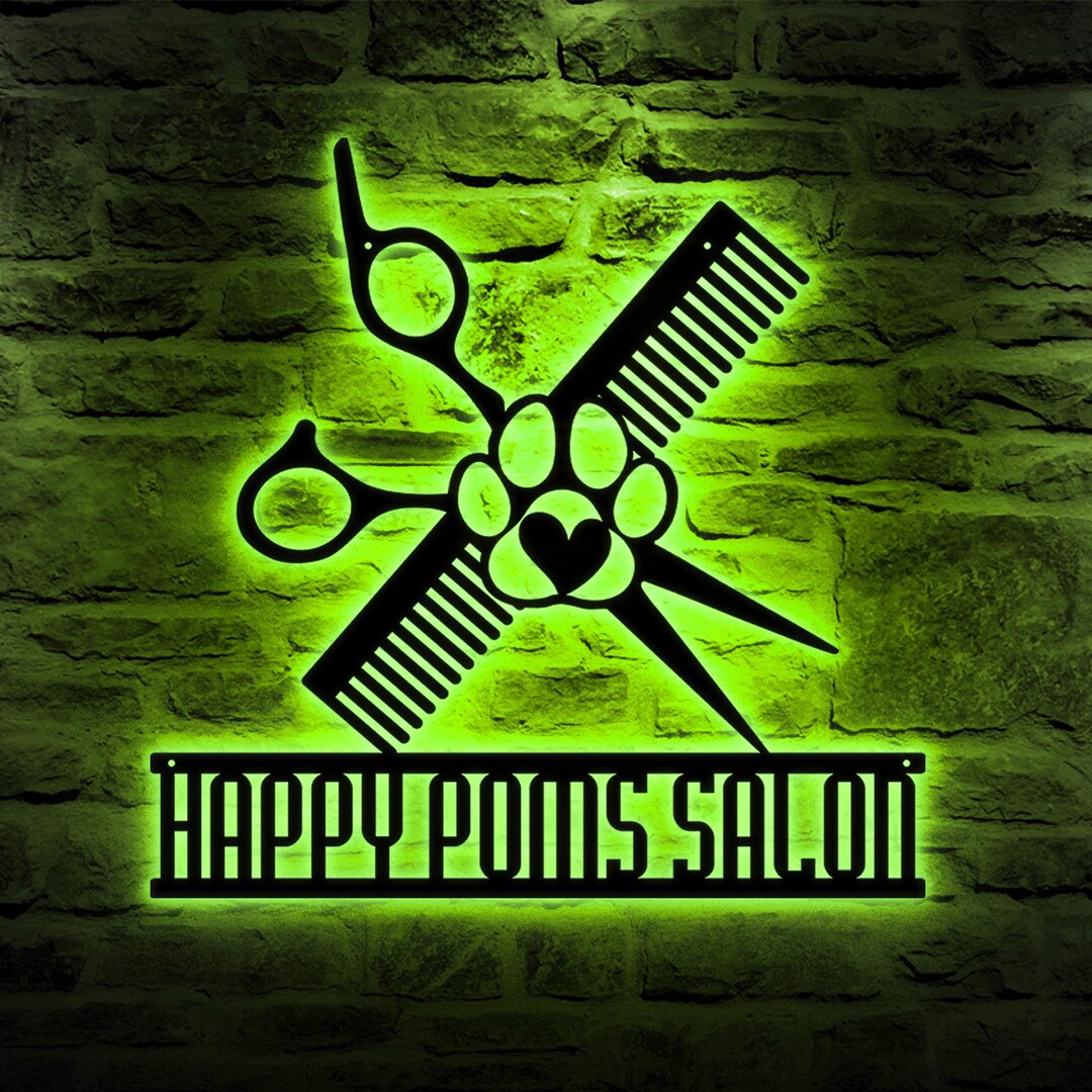 Custom Dog Grooming Hair Salon Metal Wall Art LED Light Personalized ...