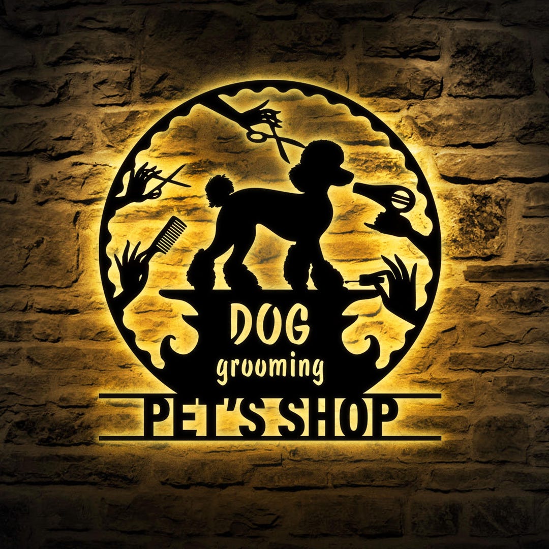 Custom Dog Grooming Hair Salon Metal Wall Art LED Lights Personalized ...