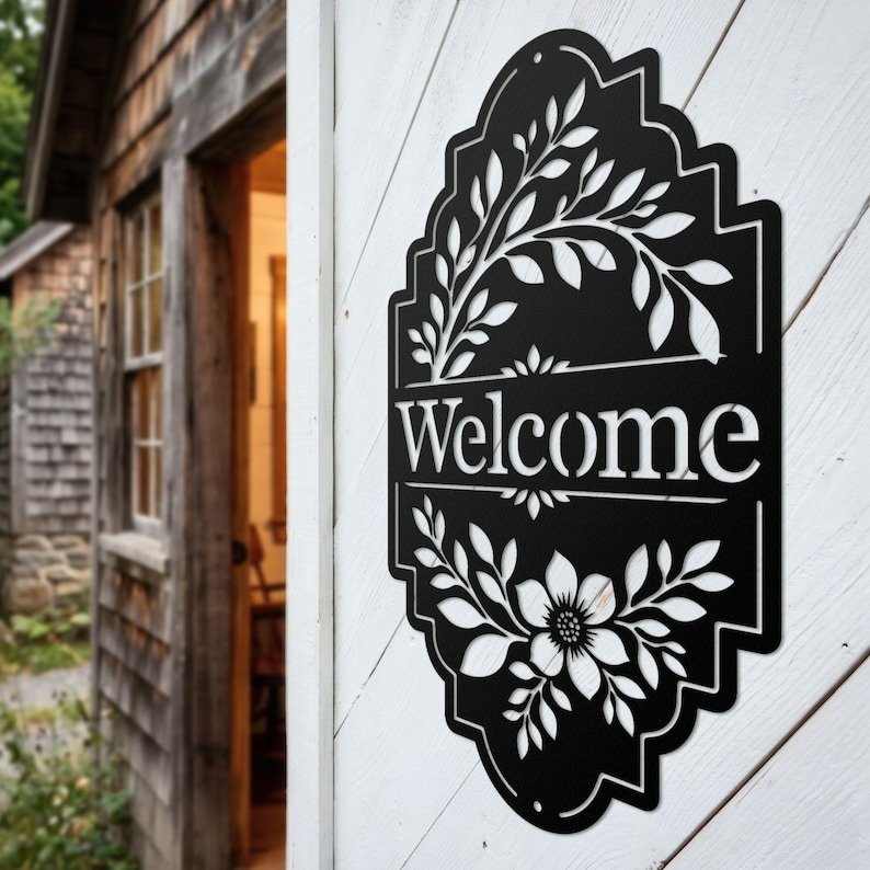 Floral Welcome Metal Sign, Farmhouse Door Hanger Decor, Rustic Entryway ...