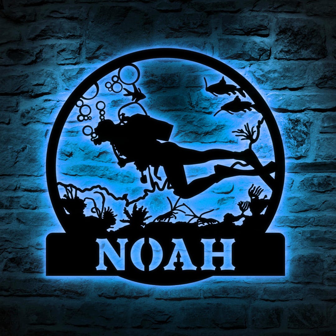 Custom Scuba Diving Sport Monogram Metal Sign Led Lights, Personalized ...