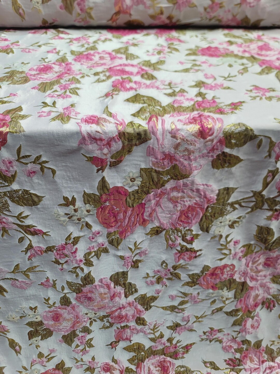 Floral Roses Brocade Fabric With Gold Metallic, Upholstery Sewing, Sold ...