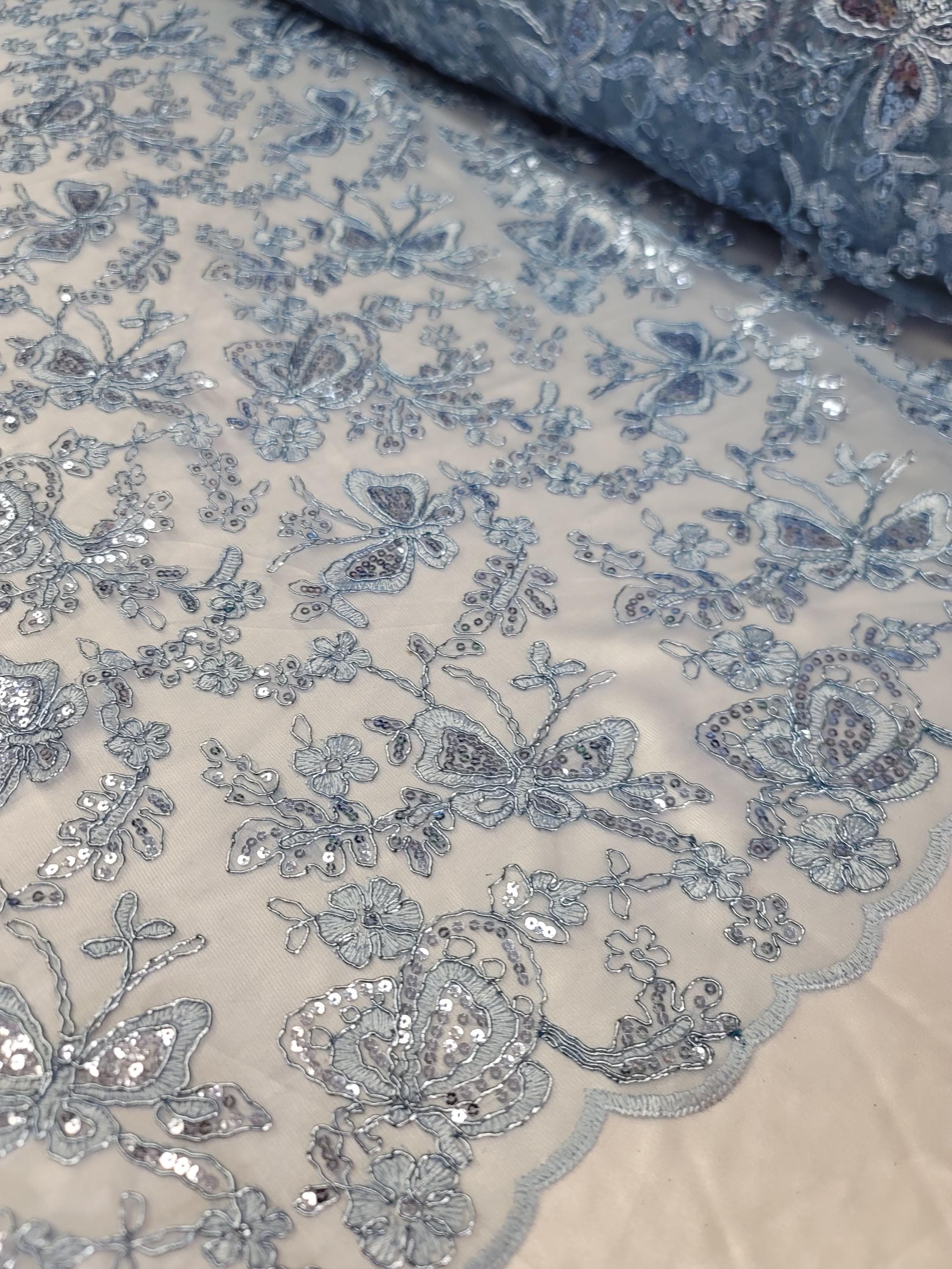 Sky Blue Lace Fabric Sold by the Yard Butterflies Embroidery Sequins ...