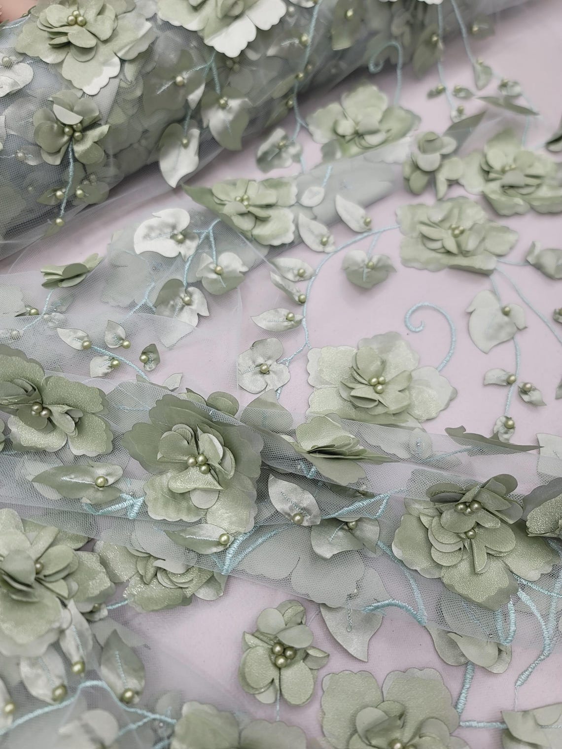 Sage La 3d Floral Embroidery Beads Fabric Sold by the Yard for Bridal ...