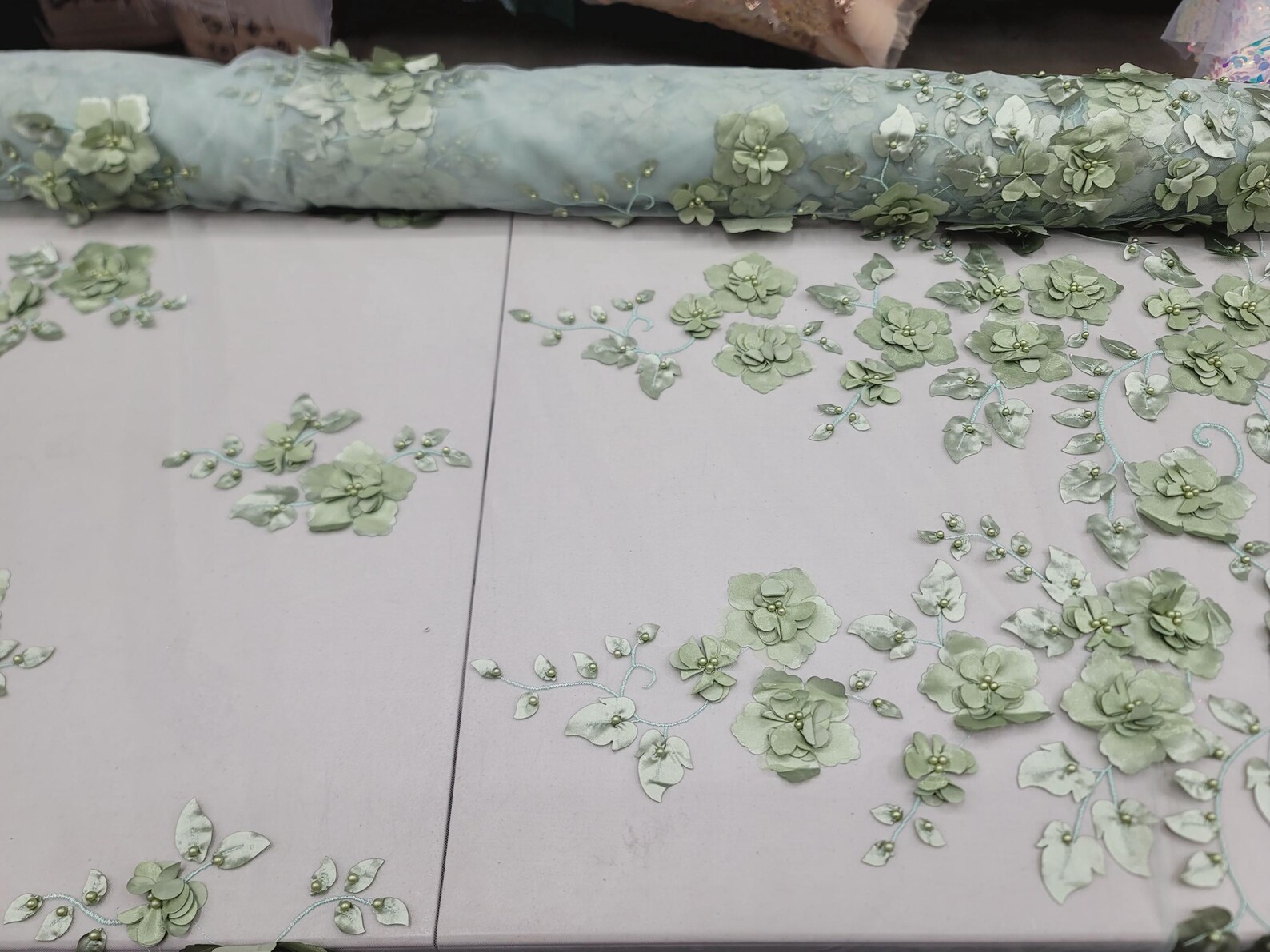 Sage La 3d Floral Embroidery Beads Fabric Sold by the Yard for Bridal ...