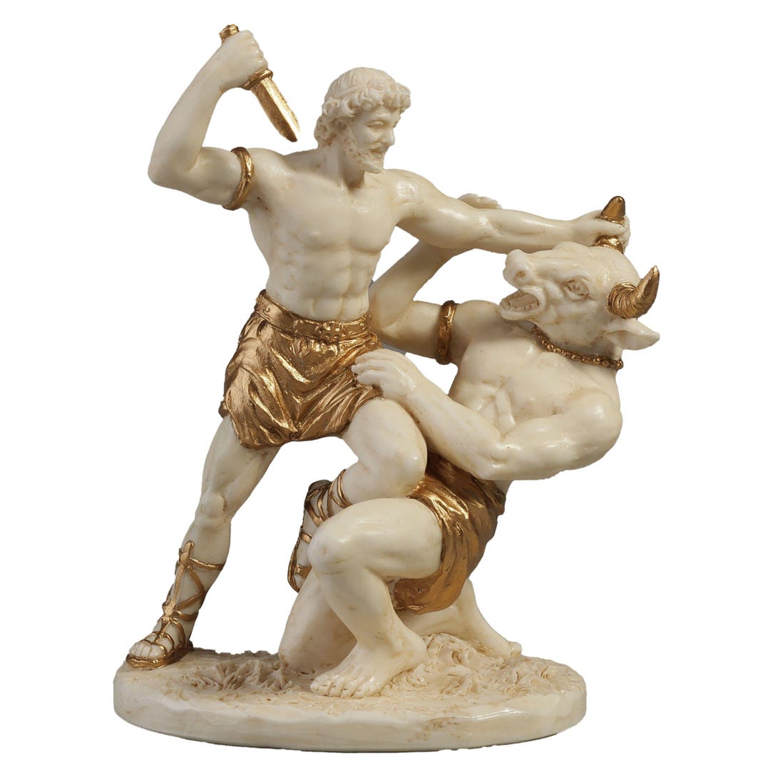 Theseus and Minotaur 10.2x8cm Statue – White and Gold Greek Mythology ...