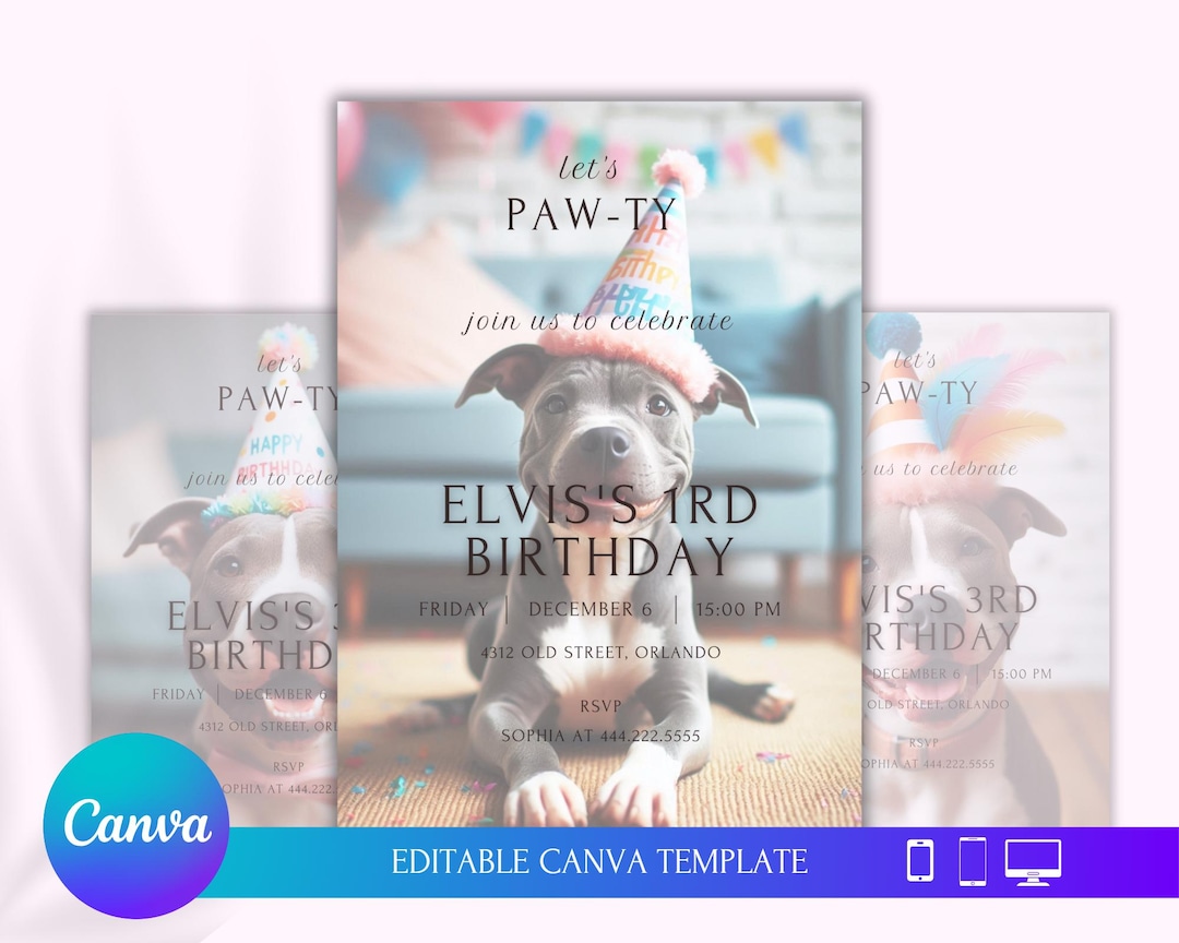 Invitation Pit Bull Terrier Birthday, Birthday Party Invitation, Dog ...