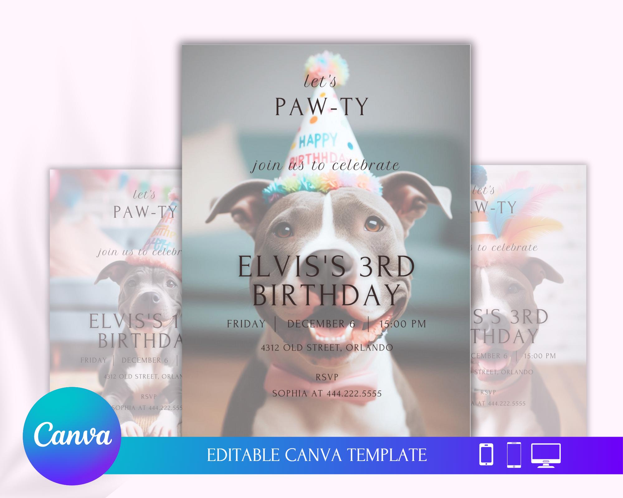 Invitation Pit Bull Terrier Birthday, Birthday Party Invitation, Dog ...