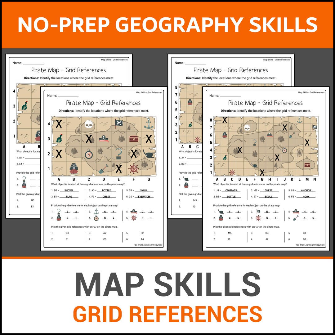 Map Skills | Pirate Treasure Map | Grid References | Locate, Identify ...