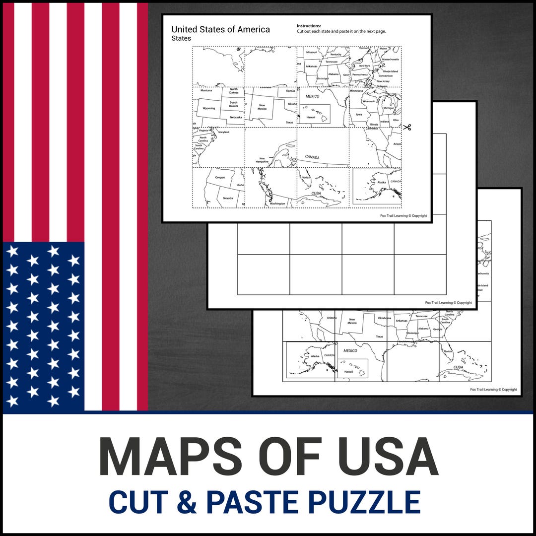 Printable Cut & Paste Puzzle Map of the USA | Learn States and Capitals ...