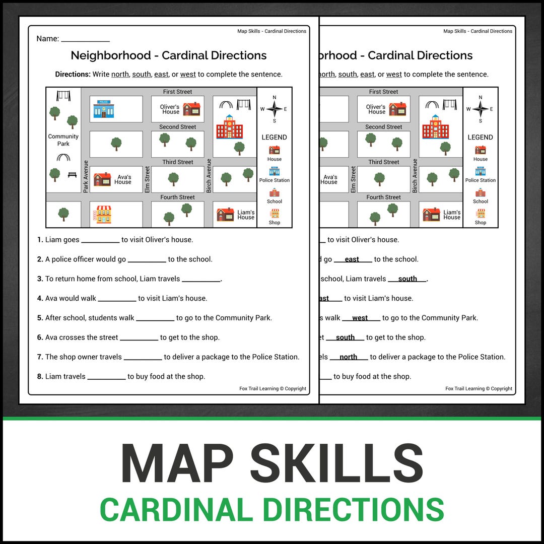 Map Skills | Neighborhood | Cardinal Directions | Fill in the Blank ...