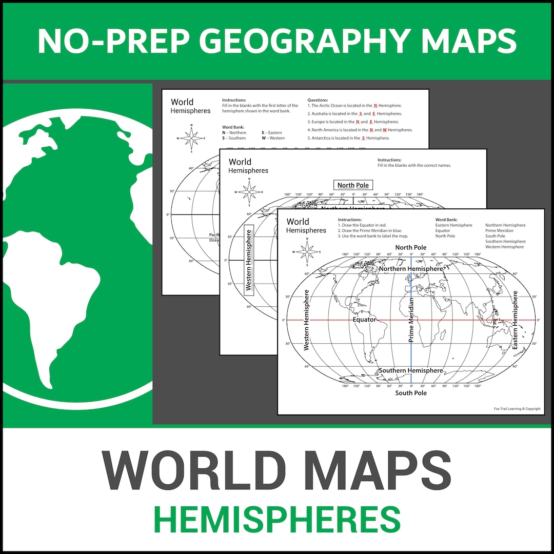 Printable World Maps | Learn Hemispheres | Geography Lesson | No Prep ...
