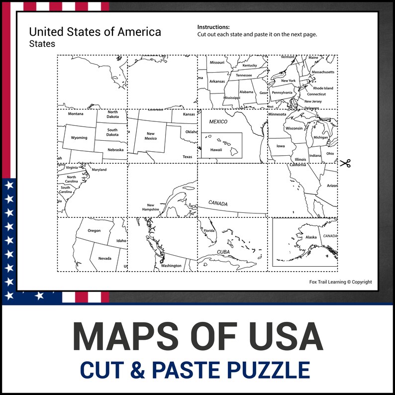 Printable Cut & Paste Puzzle Map of the USA | Learn States and Capitals ...