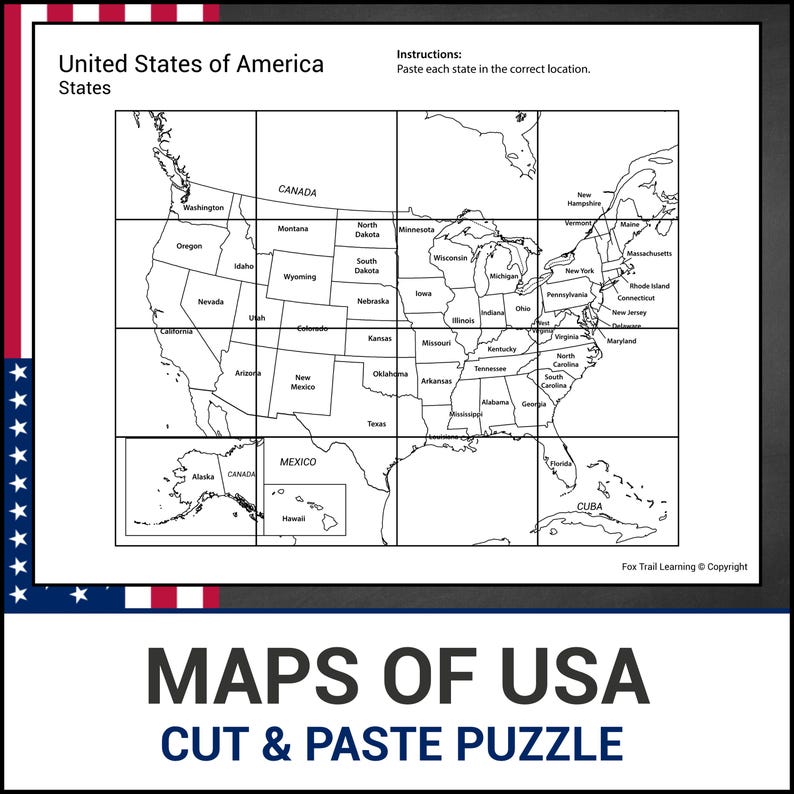 Printable Cut & Paste Puzzle Map of the USA | Learn States and Capitals ...