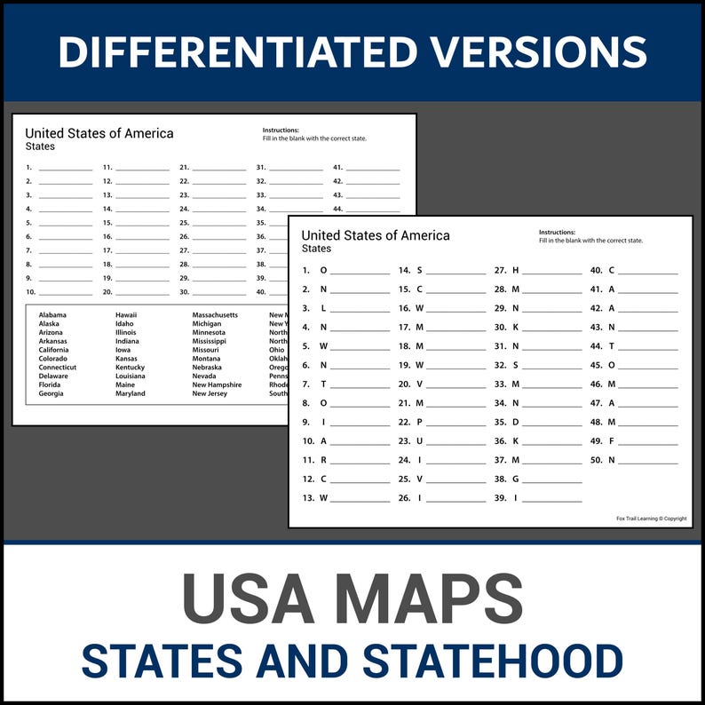 Printable USA Maps | Learn States and Statehood | Label and Identify ...