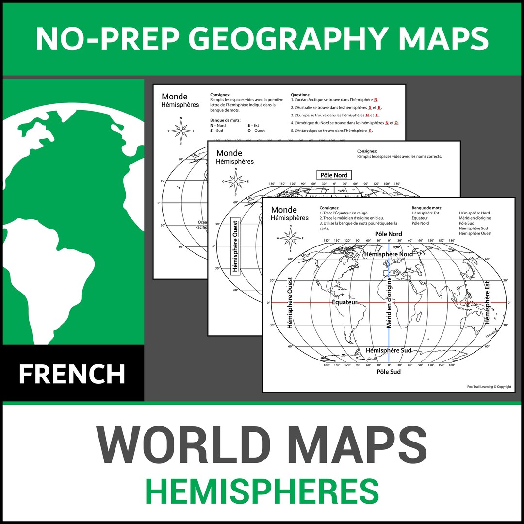 Printable FRENCH World Maps | Learn Hemispheres | Geography Lesson | No ...