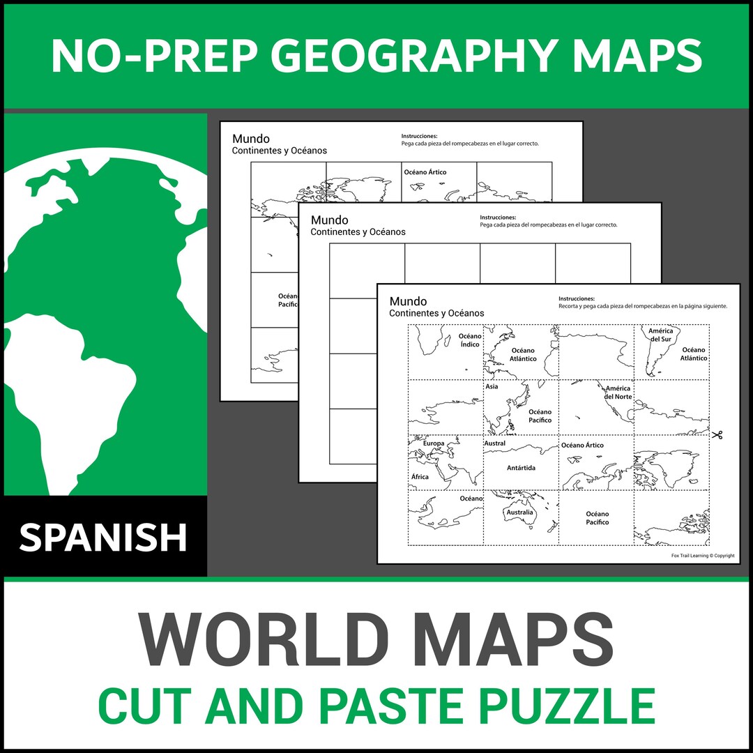 Printable SPANISH Cut & Paste Puzzle World Maps | Learn Continents and ...