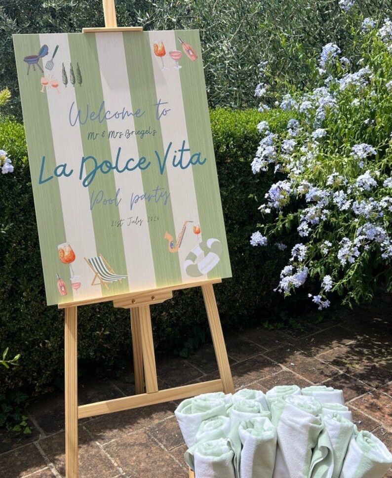 La Dolce Vita Pool Party, Welcome Sign, Wedding, Celebration, Green and ...