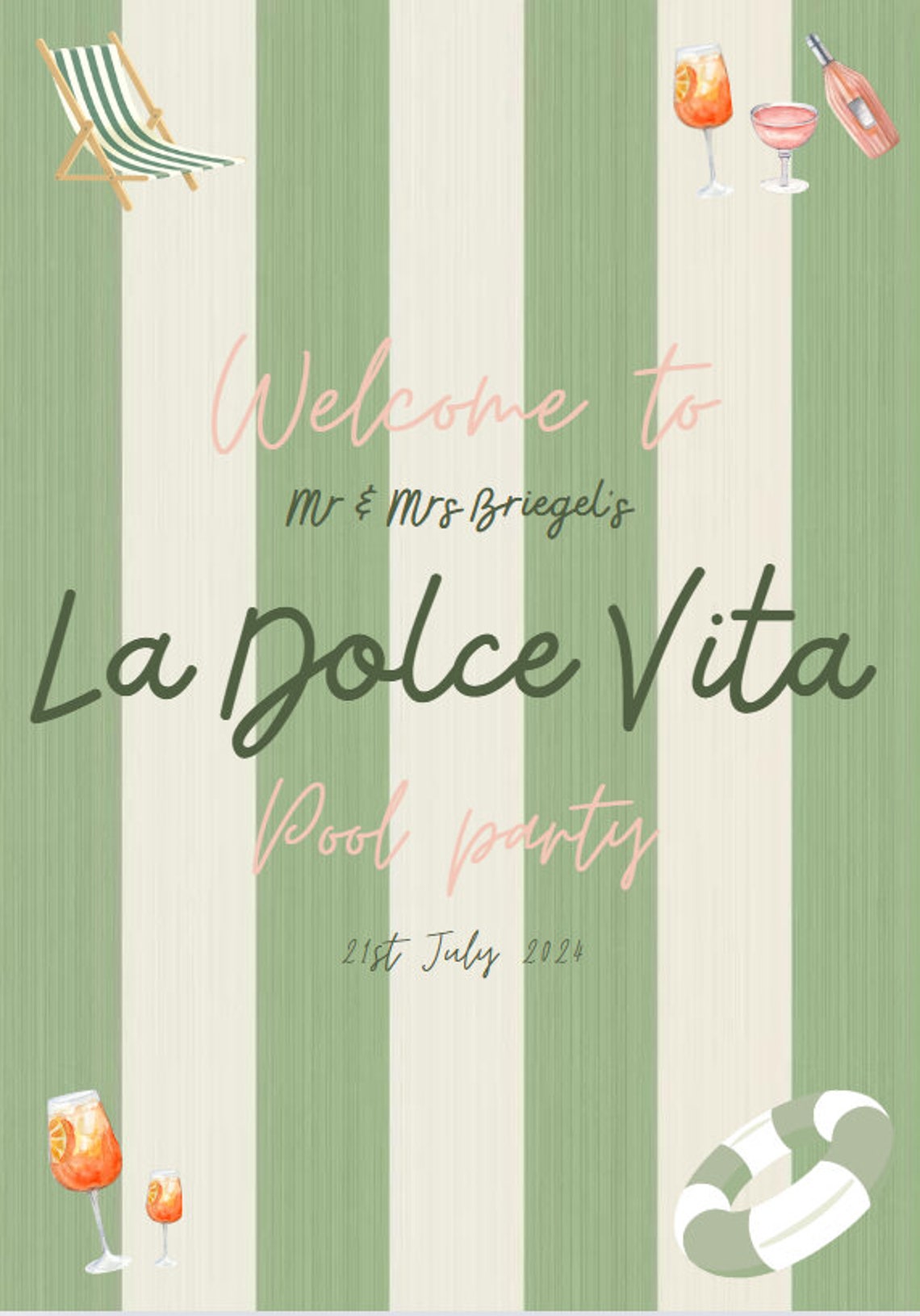 La Dolce Vita Pool Party, Welcome Sign, Wedding, Celebration, Green and ...