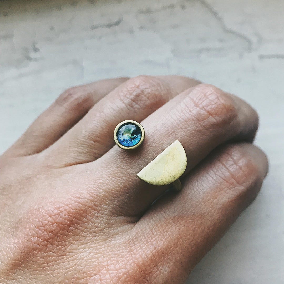 Earth Rise Ring With Blue Globe Design Unique Celestial Jewelry ...