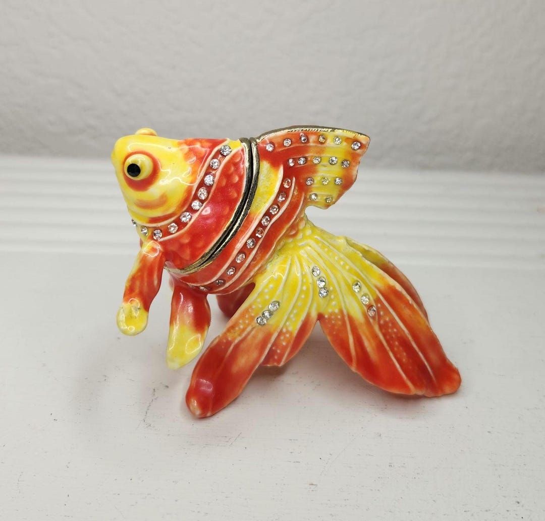 Enamel Rhinestone Fish Hinged Trinket Box Orange Yellow Goldfish Heavy ...
